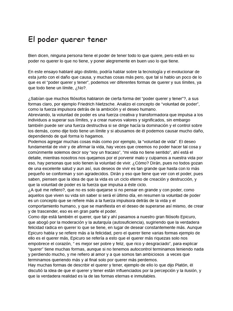 Tarea de Filosofía Ensayo - El Poder Querer Tener | PDF | Felicidad ...