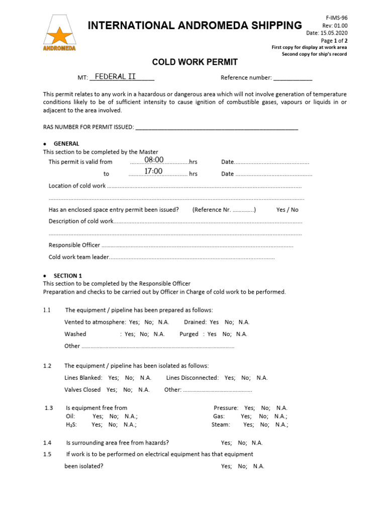F-IMS-96 Cold Work Permit Rev 01.00 | PDF | Mechanical Engineering ...