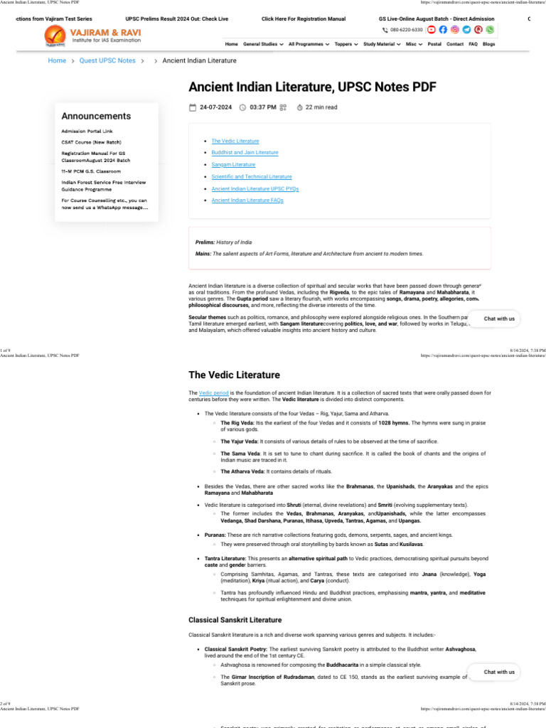 Ancient Indian Literature, UPSC Notes PDF | PDF | Vedas | Indian Literature