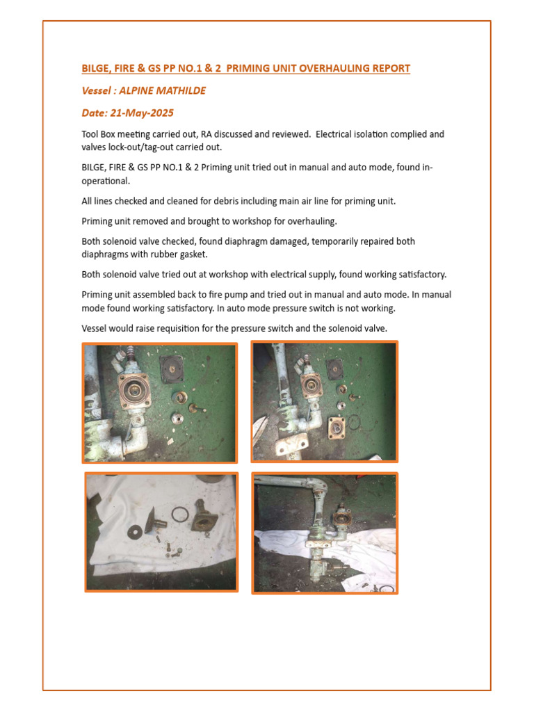 Fire & GS Pump Priming Unit Overhaul Report | PDF
