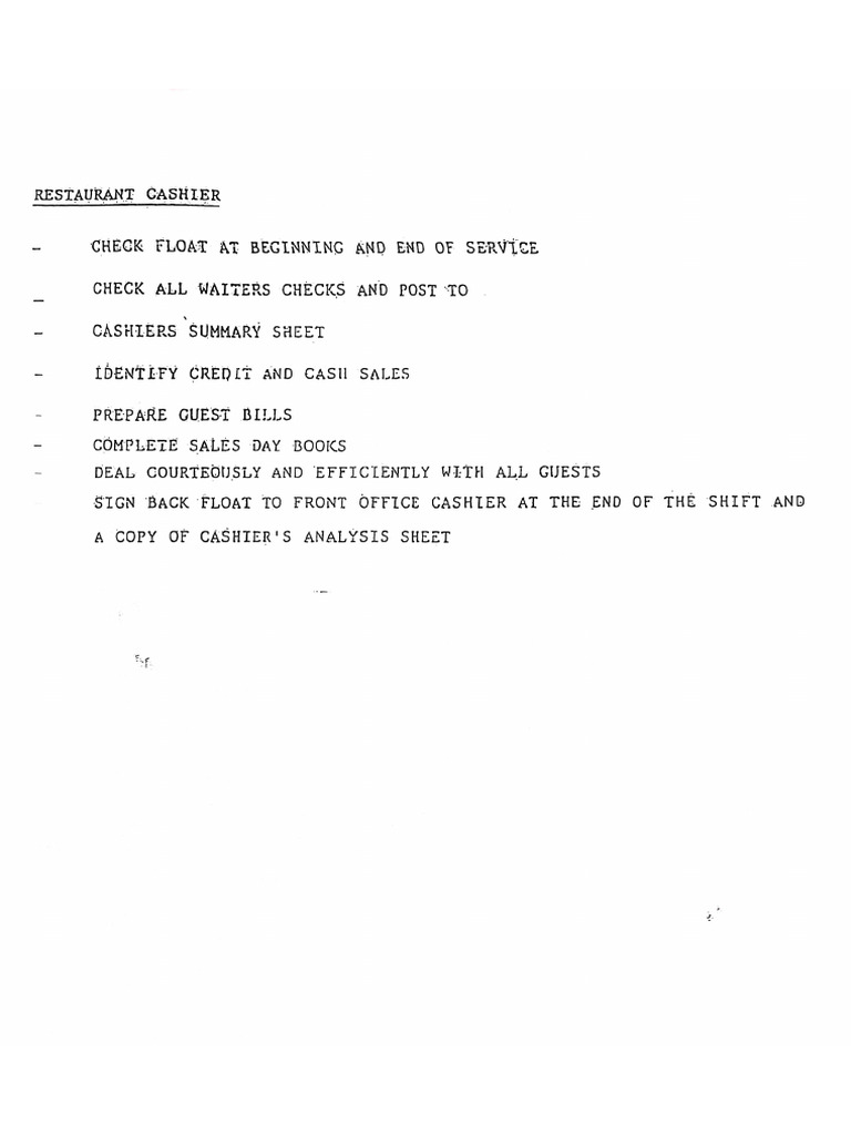 Job Description Night Auditor, Restaurant Cashier | PDF