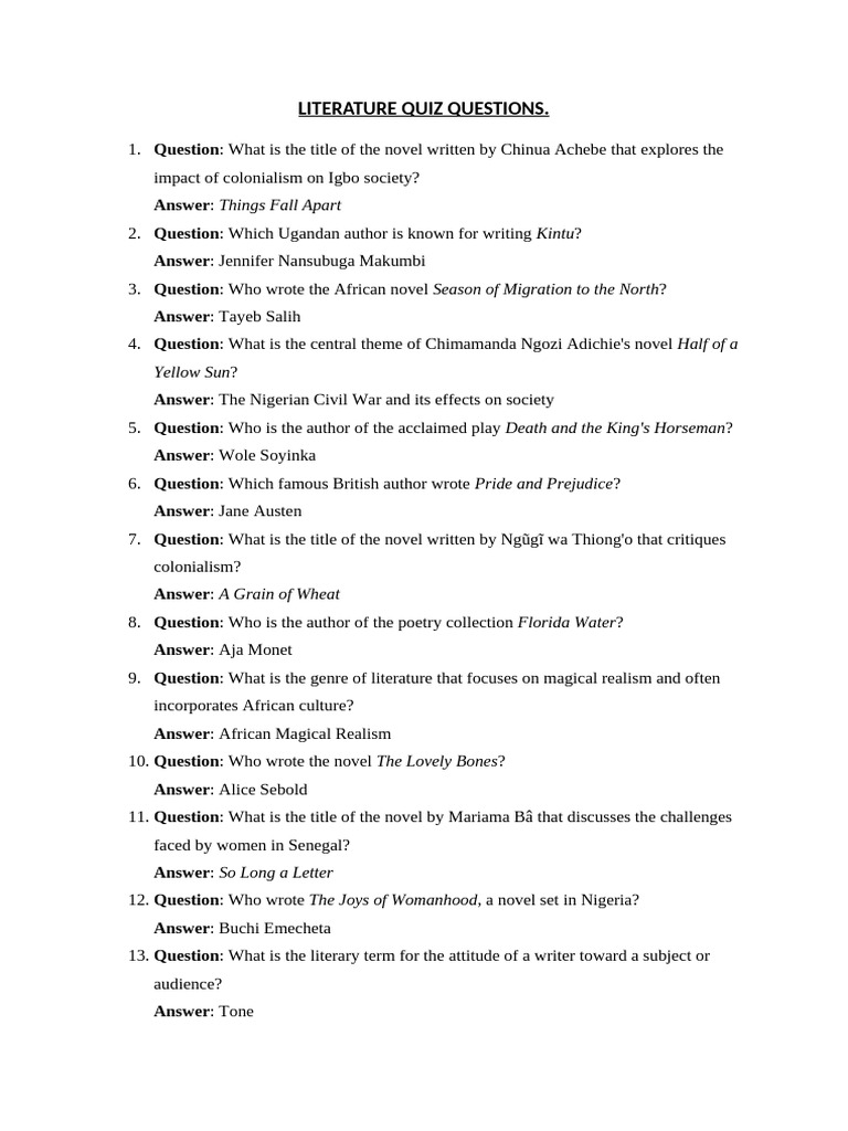 Literature Quiz Questions and Answers | PDF | Novels