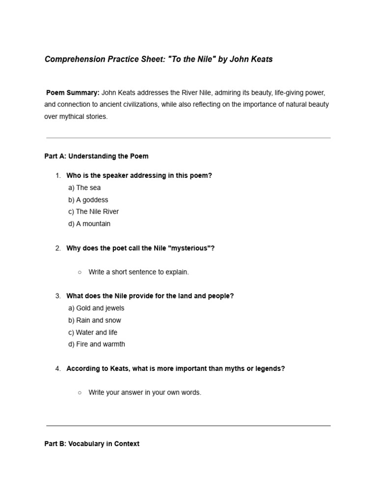 Comprehension Sheet - To The Nile - by John Keats | PDF