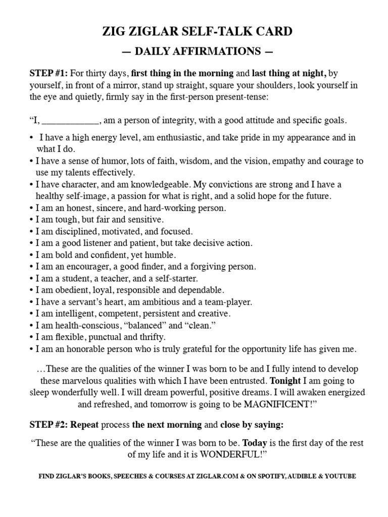 Zig Ziglar Affirmation Card Self Talk | PDF