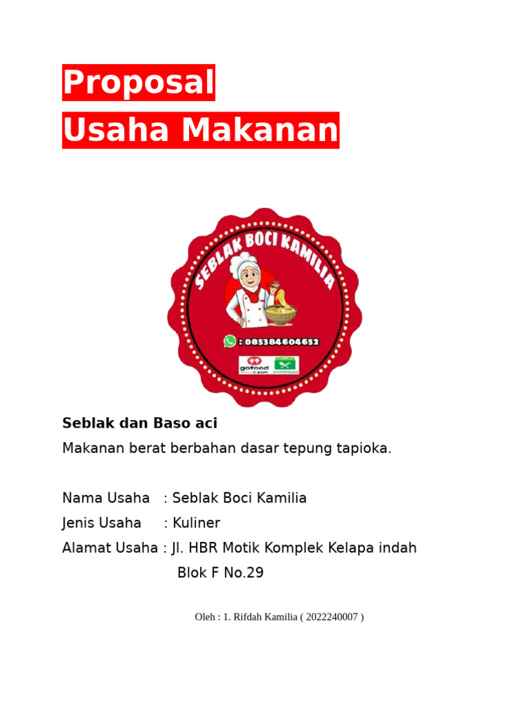 Proposal Usaha Seblak Boci Kamilia | PDF