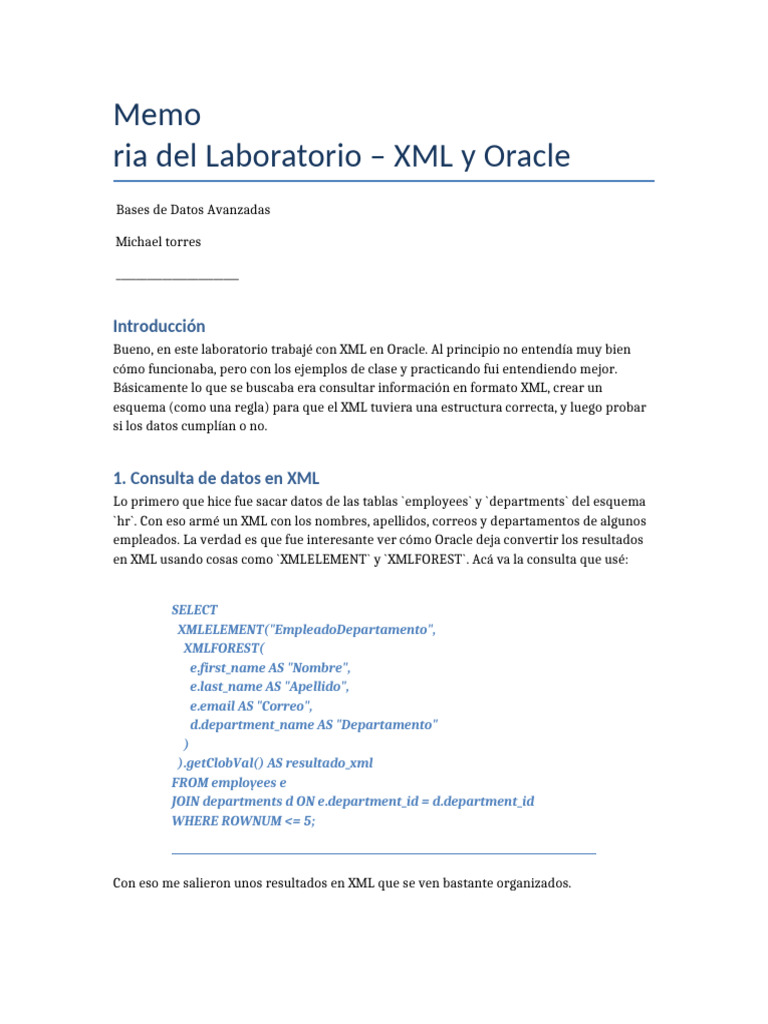Laboratorio - XML y Oracle | PDF | Xml | Gestión de datos