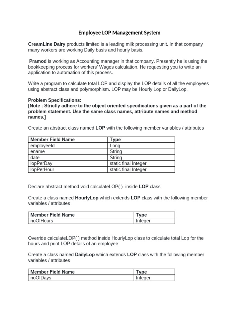 Q011_Employee_LOP_Management_System | PDF | Method (Computer Programming) | Variable (Computer ...