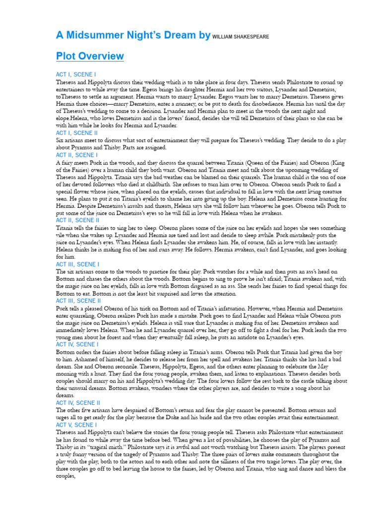 A Midsummer Night's Dream Summary | PDF | A Midsummer Night's Dream
