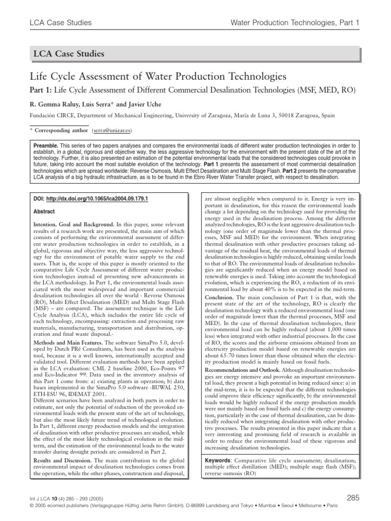 Life Cycle Assessment of Desalination Processes | PDF | Desalination ...