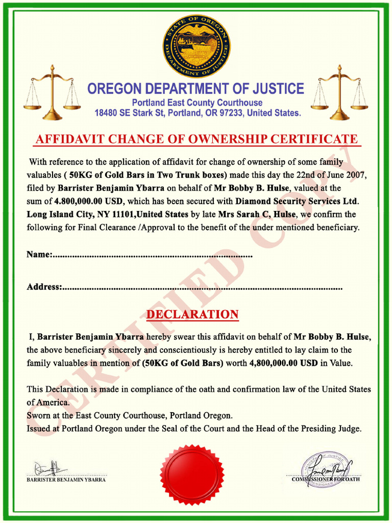 Affidavit Change of Ownership Certificate Signed 1 | PDF