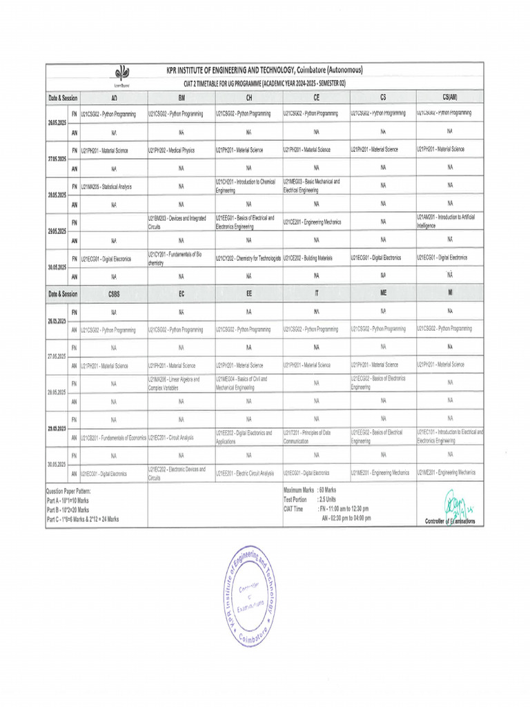 CIAT 2 Time Table 2 Semester | PDF
