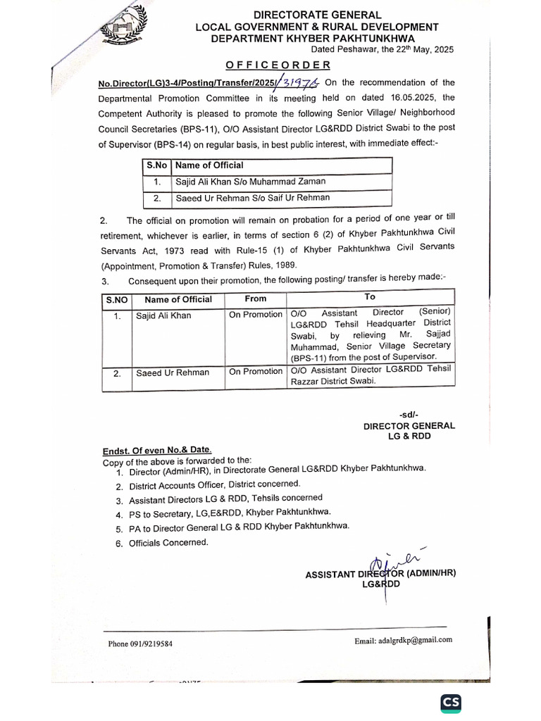 Office Order Promotion As Supervisor District Swabi | PDF