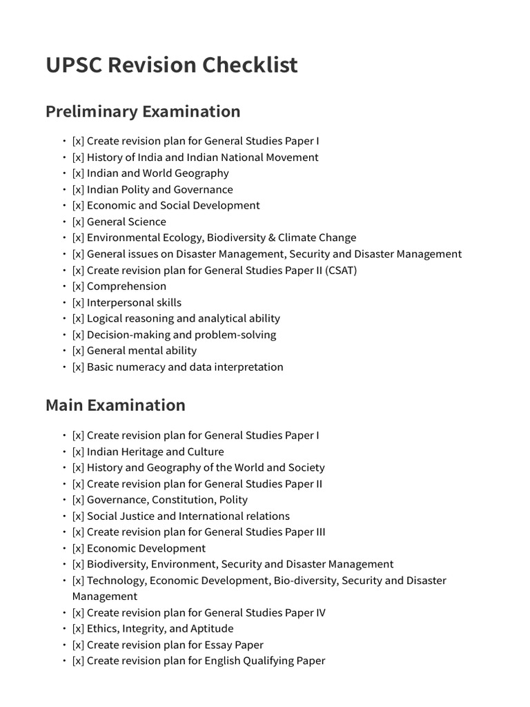 UPSC Revision Checklist | PDF