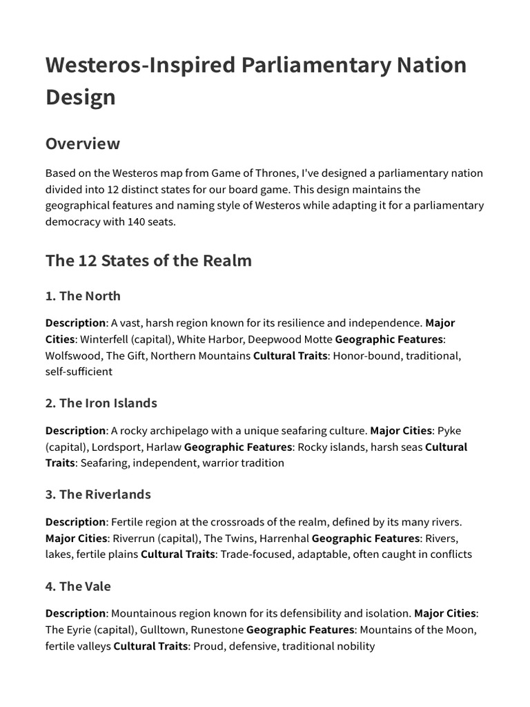 Westeros-Inspired Parliamentary Nation Design | PDF | World Of A Song ...