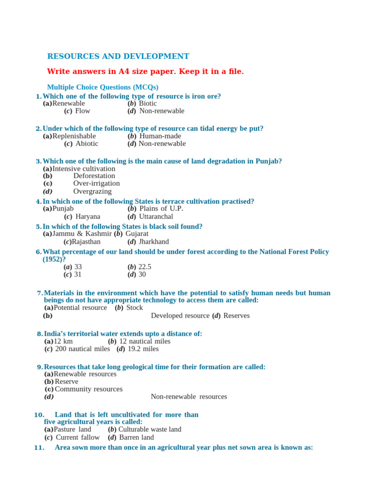 Resources and Development - MCQ | PDF | Soil | Physical Geography