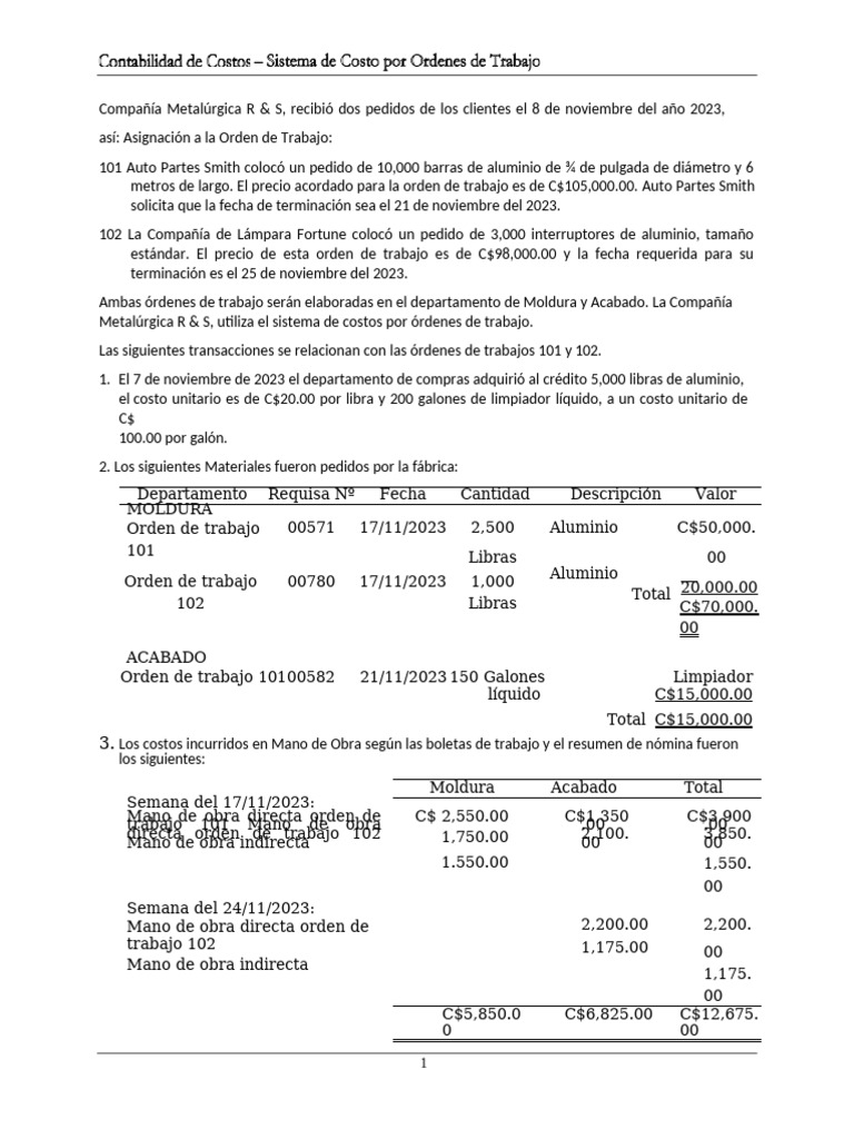 Caso COSTOS POR ORDENES DE TRABAJO. EJERCICIOS | PDF | Contabilidad | Costo