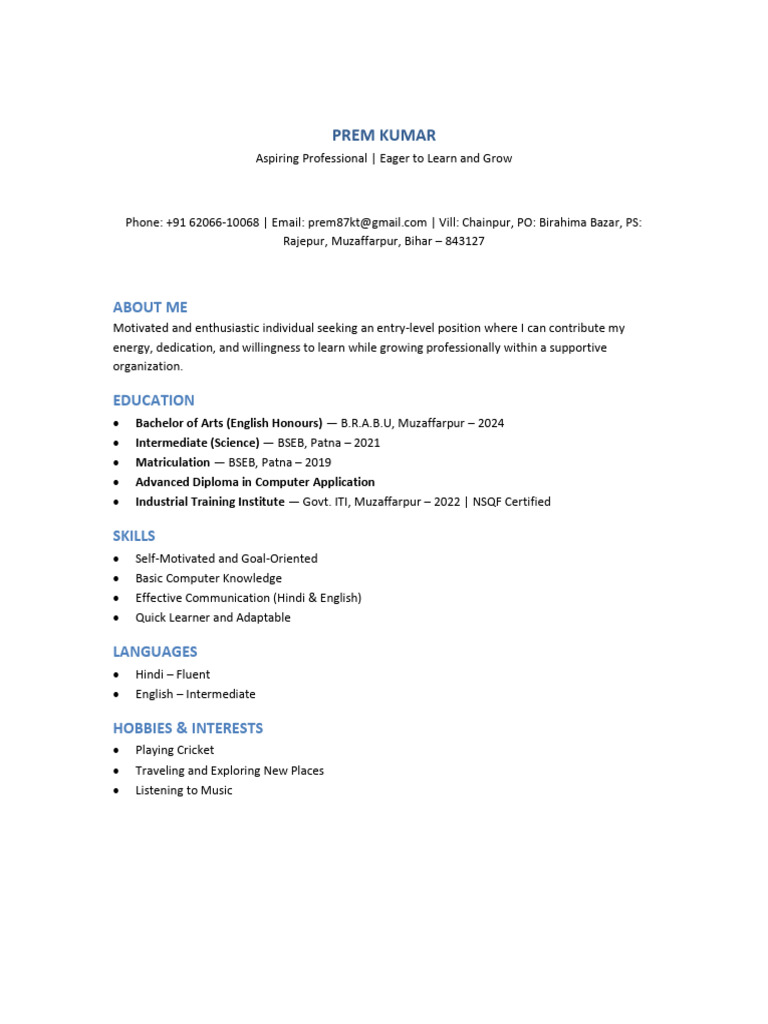 Prem Kumar Fresher Resume One Page Updated-1 | PDF