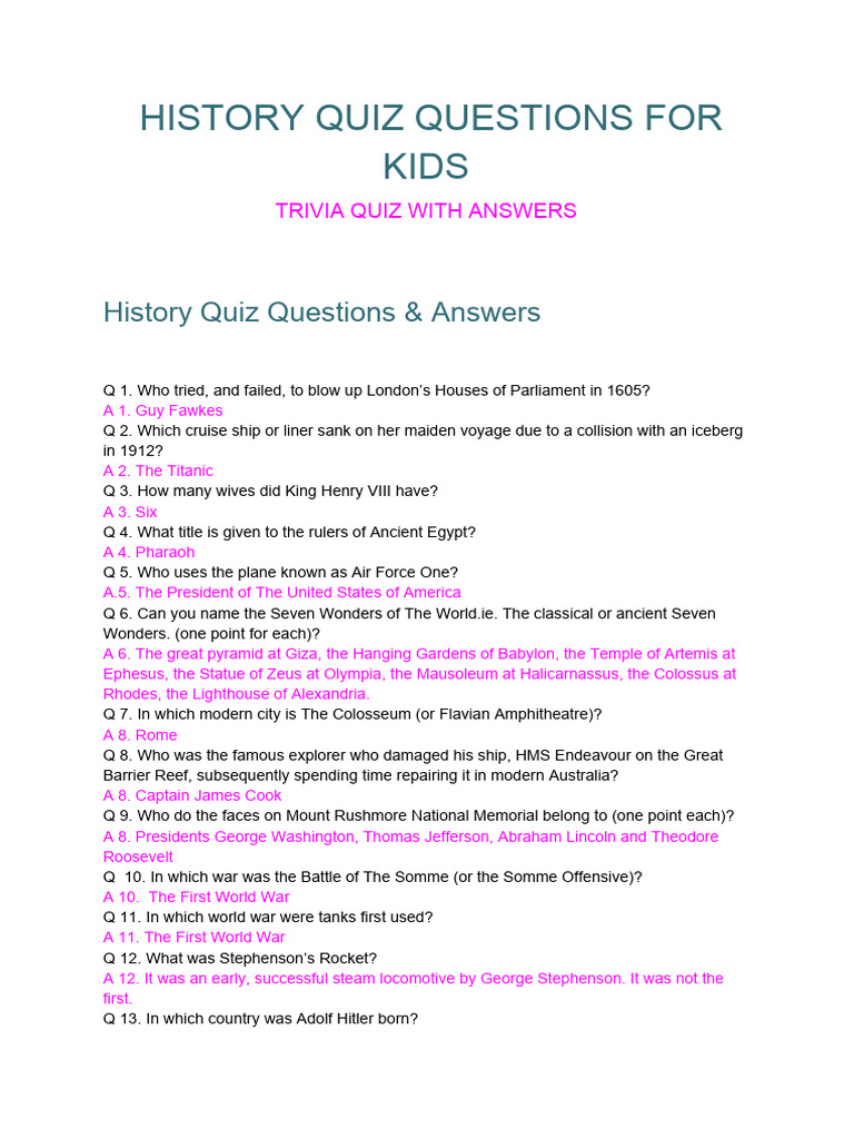 History Quiz Questions For Kids | PDF