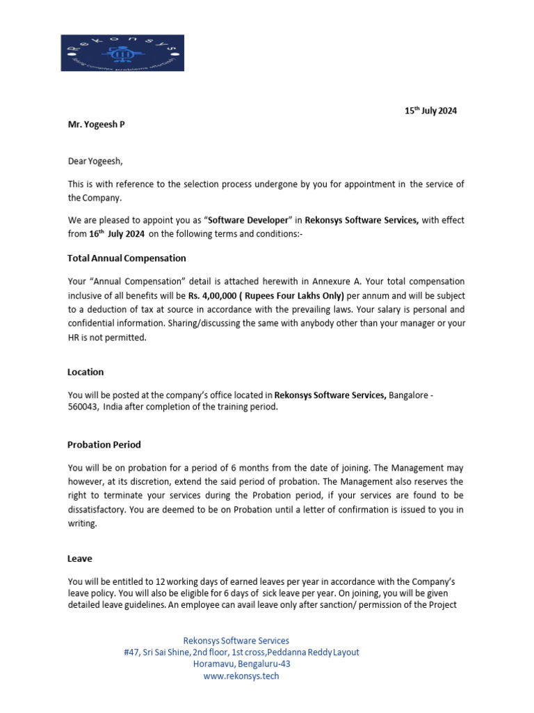 Appointment Letter for Software Developer | PDF | Employment | Identity ...