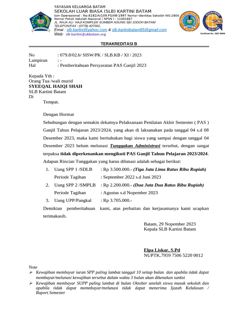 1.5 - Surat Pemberitahuan Tagihan SPP & UPP - Syeeqal Haiqi Shah - SLB Kartini - 2023 | PDF
