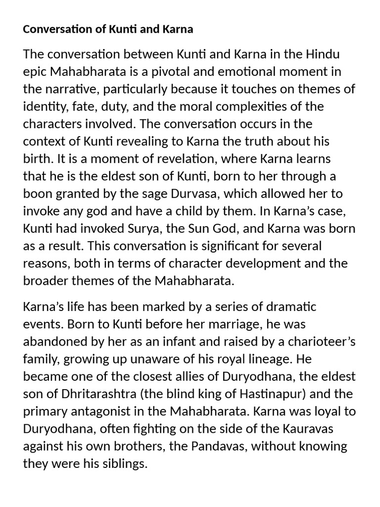 Conversation of Kunti and Karna Assignment 2 ICL SEM1 | PDF | Mahabharata | Kurukshetra