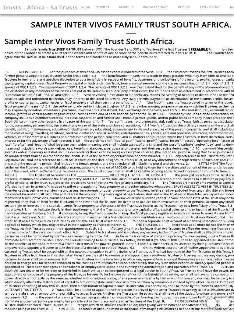 2025 SAMPLE INTER VIVOS FAMILY TRUST SOUTH AFRICA | PDF