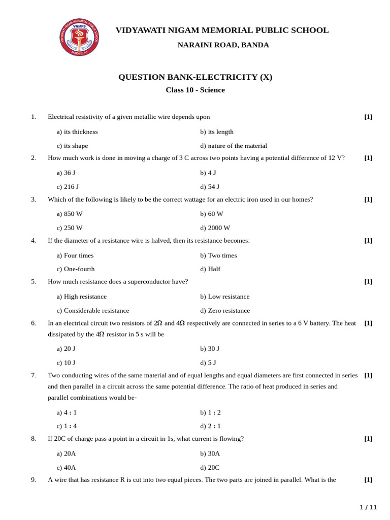 Question Bank-Electricity (X) | PDF | Series And Parallel Circuits ...