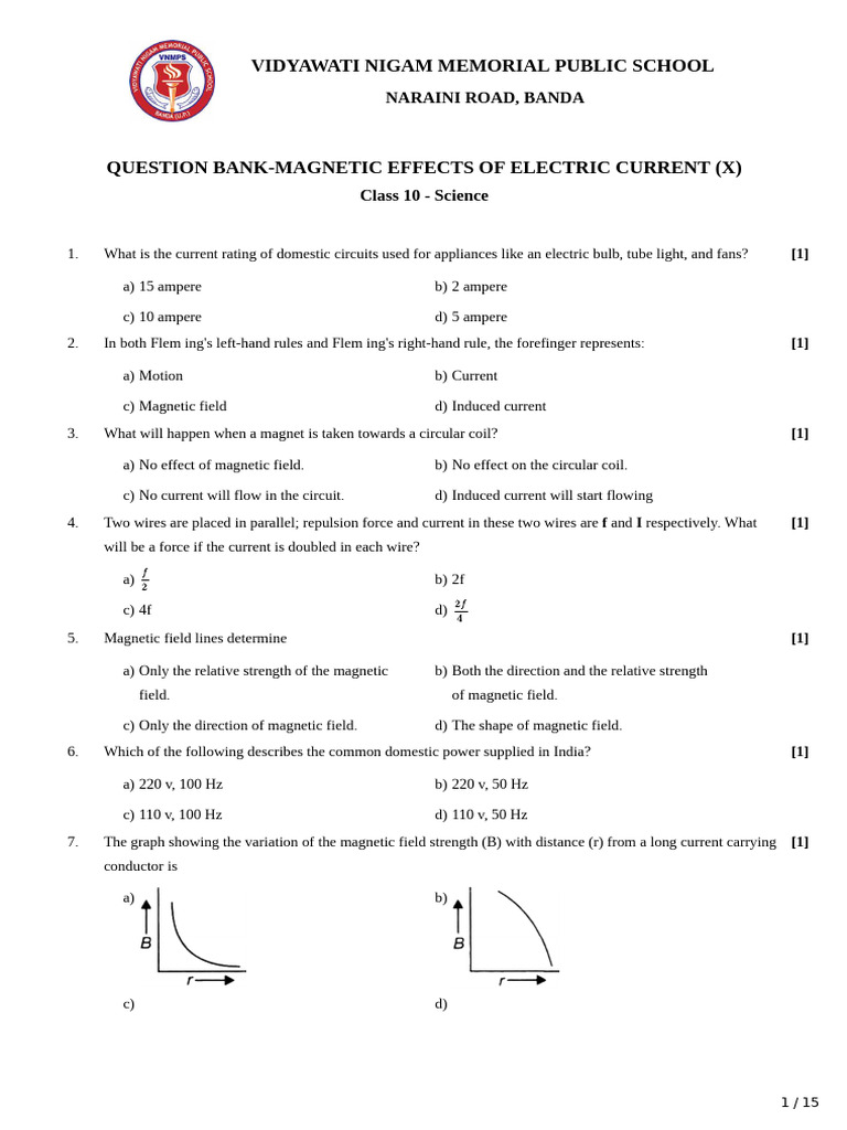 Question Bank-Magnetic Effects of Electric Current (X) | PDF | Magnetic ...