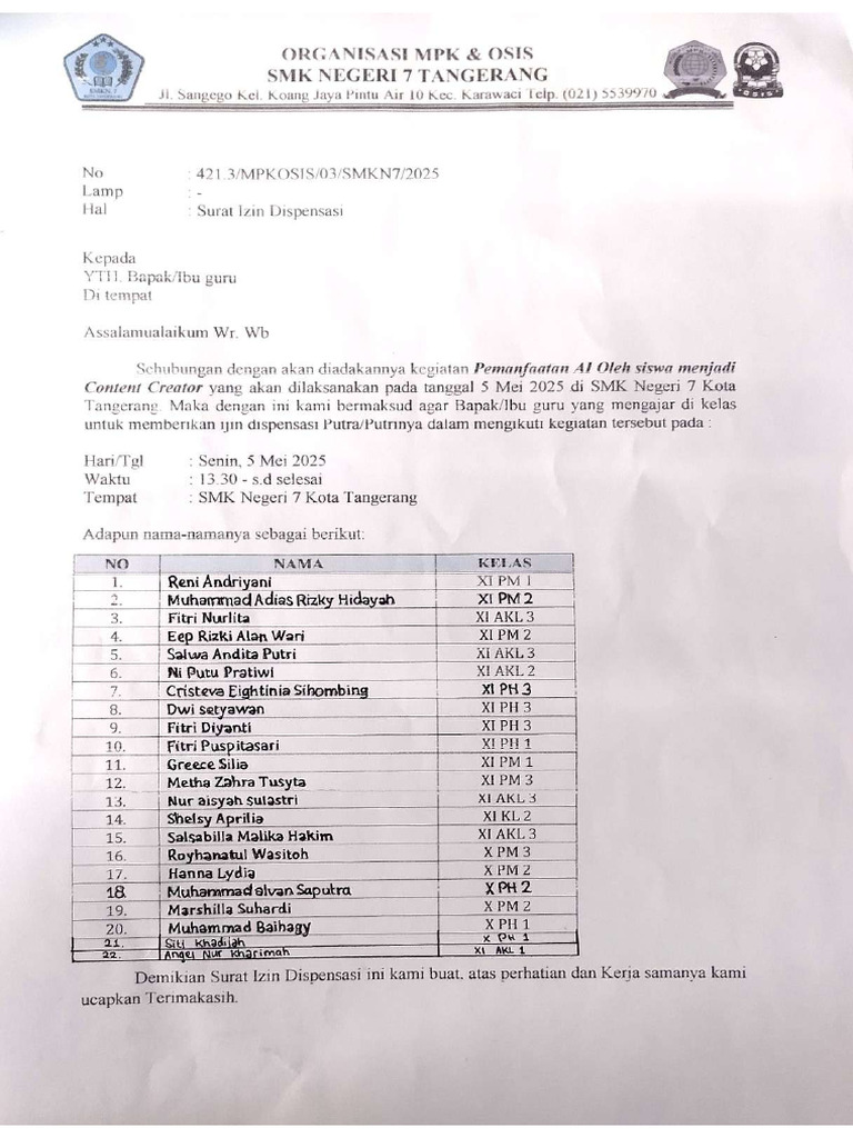 Surat Dispen Pelatihan AI MPK & OSIS | PDF