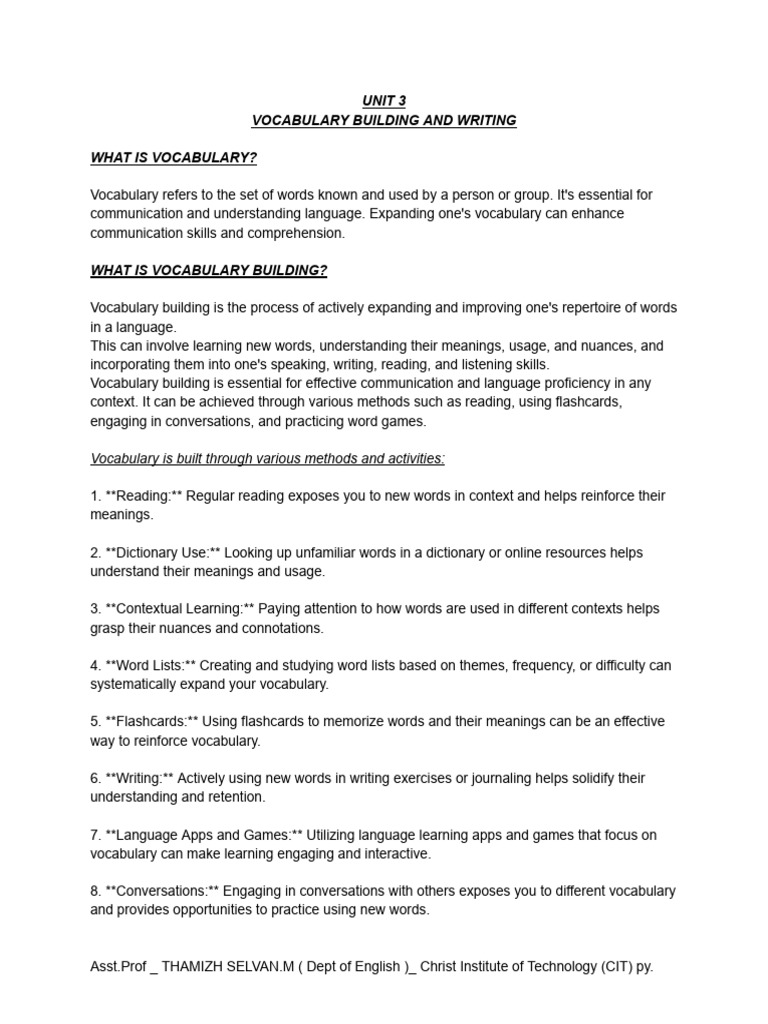 Unit 3 Vocabulary Building and Writing | PDF | Vocabulary | Idiom