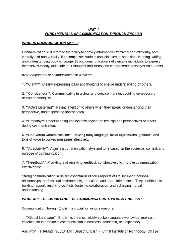 Unit 1 Fundamentals of Communication Through English | PDF ...