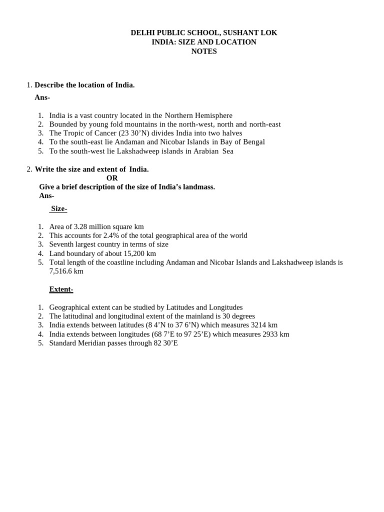 Notes India Size and Location | PDF | Longitude | Equator