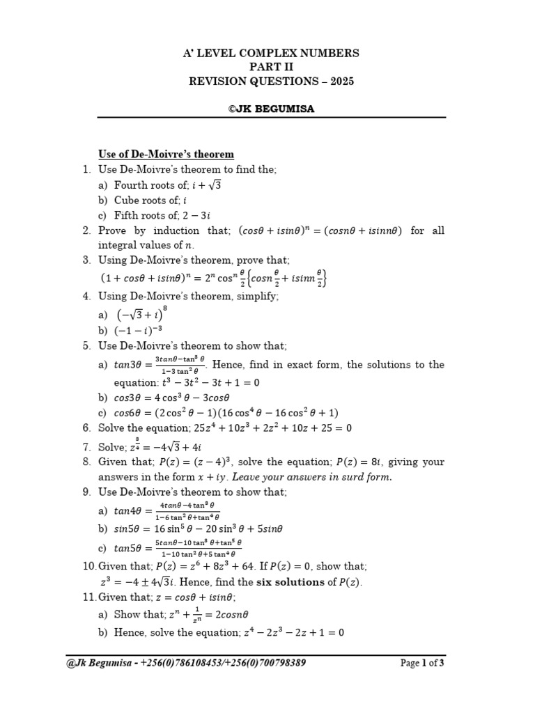 Complex Numbers Part Two - JK 2025 | PDF | Complex Number | Geometry