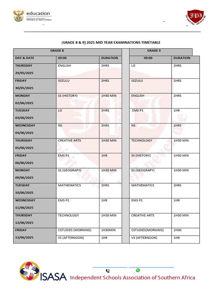 2025 Mid Year Examinations Timetable Grade 8 & 9 | PDF