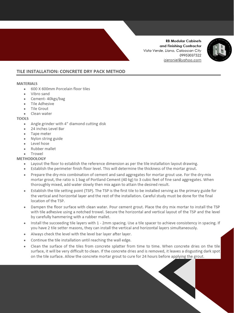 Dry Pack Method for Tile Installation | PDF | Concrete | Tile
