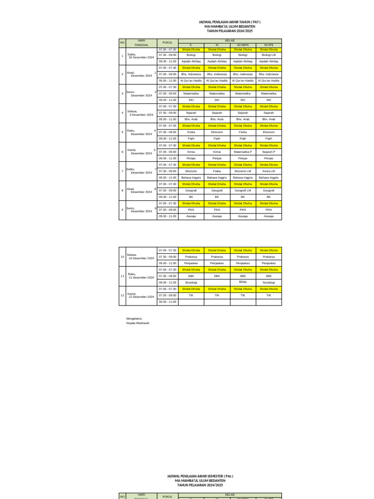 Jadwal Pas 2024-2025 | PDF