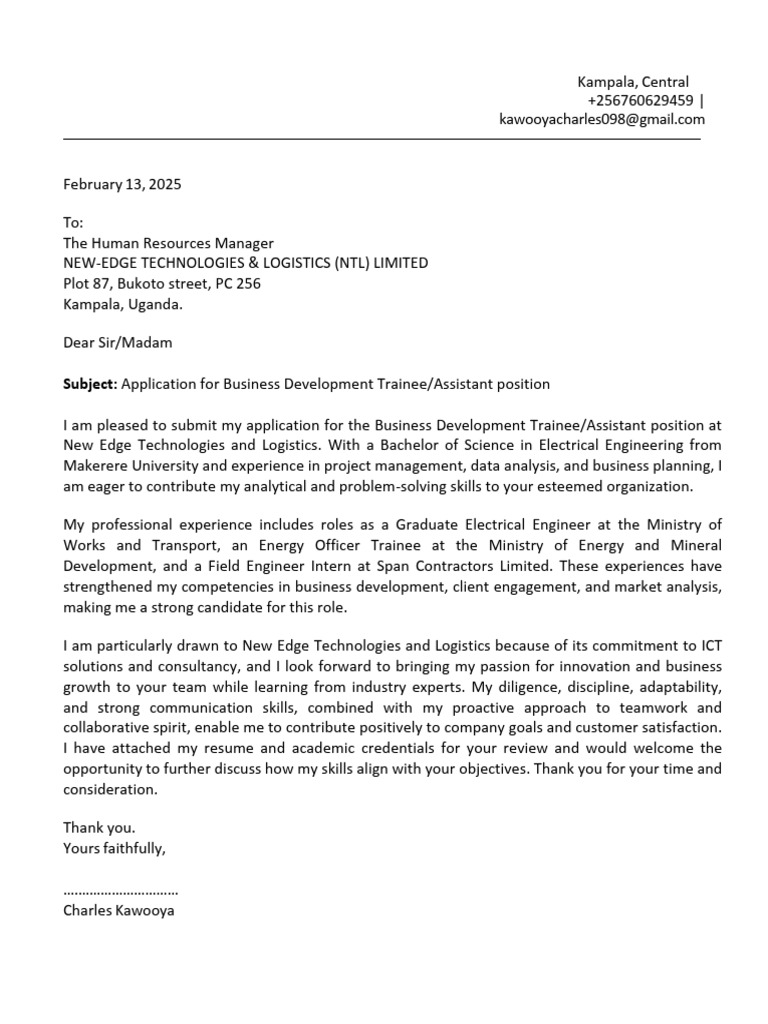 Kawooya Charles Application Letter | PDF