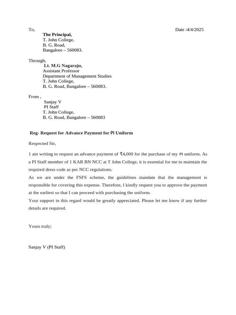 Request for Advance Payment for Uniform | PDF