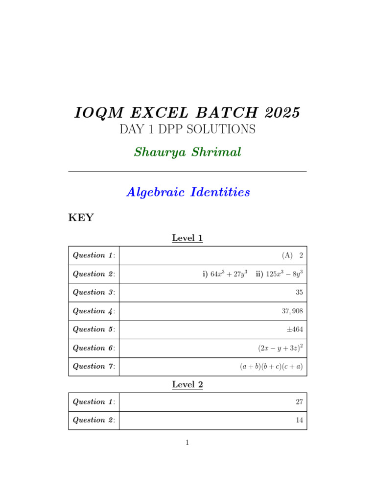 IOQM EXCEL DPP SOL - DAY 1 - Algebraic Identities and Factorization | PDF | Applied Mathematics ...