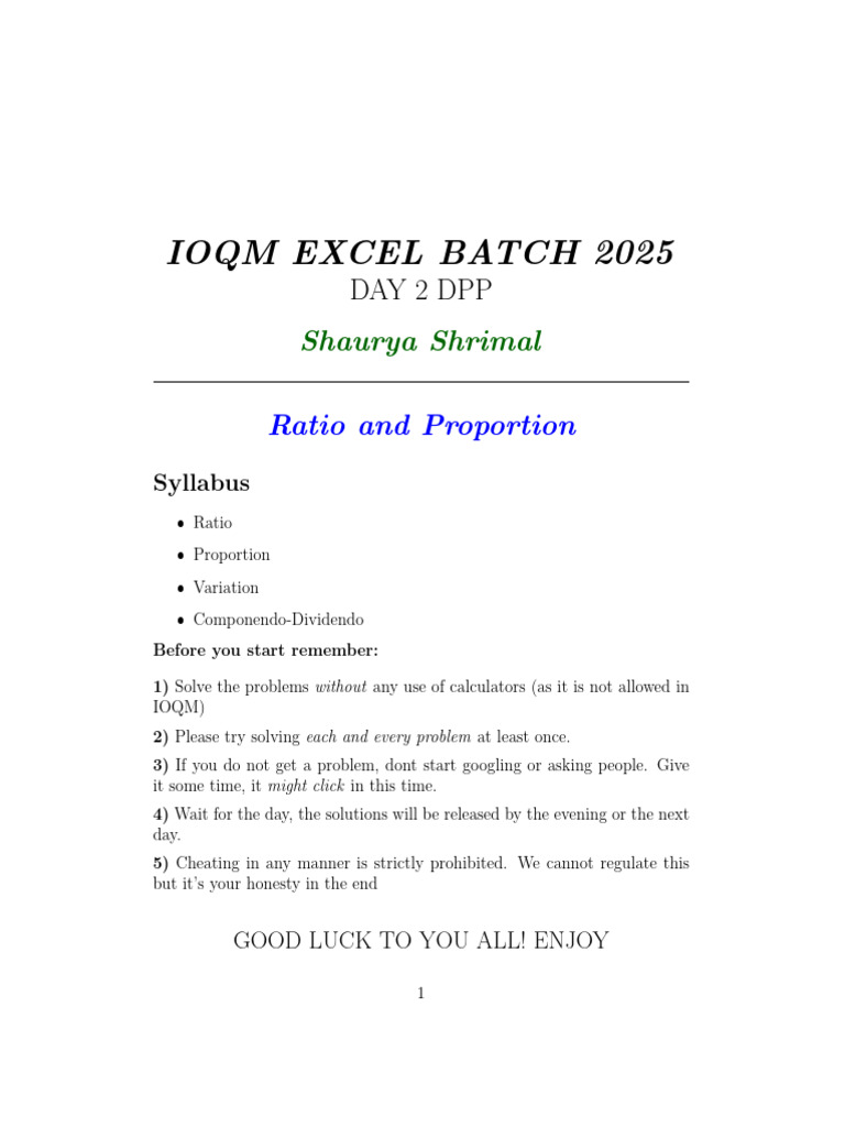 IOQM EXCEL DPP - DAY 2 - Ratio, Proportion and Variation | PDF | Mathematics