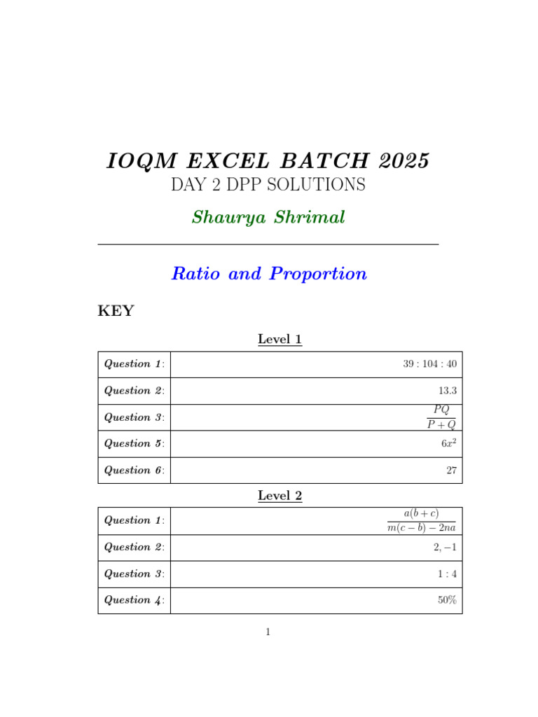 IOQM EXCEL DPP SOL - DAY 2 - Ratio, Proportion and Variation | PDF | Mathematical Concepts | Numbers