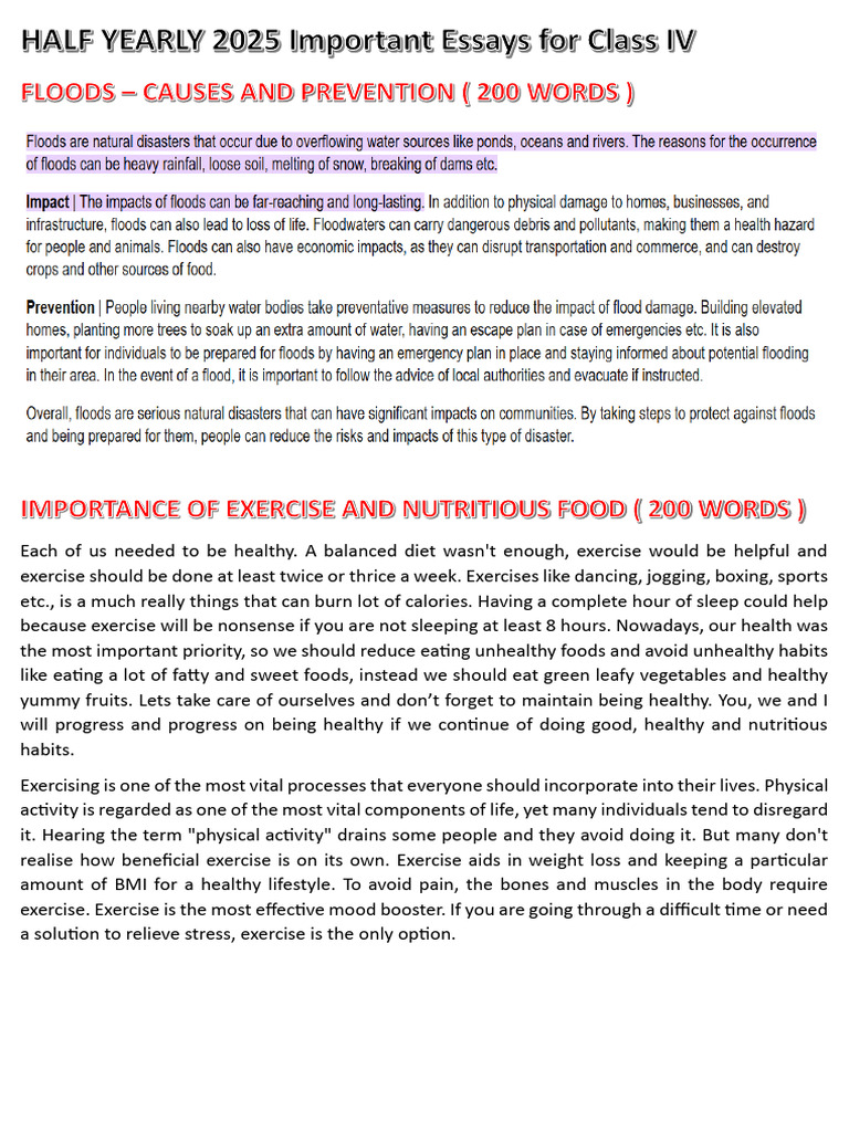 HALF YEARLY 2025 Important Essays Letters For Class IV | PDF | Dieting | Human Body Weight