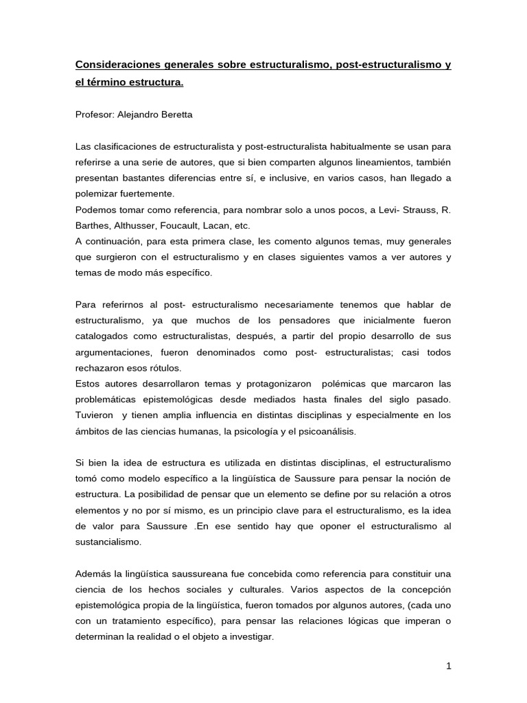 Ficha-Estructuralismo, Post-Estructuralismo, Estructura. Prof ...