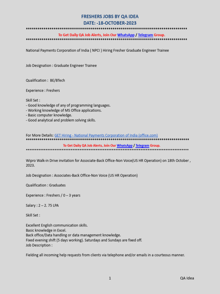 Freshers Job Openings - October 2023 | PDF | Computer Programming ...