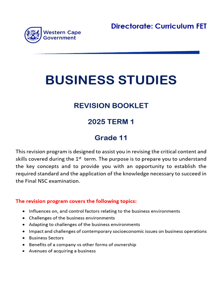 2025 Term 1 GR 11 BSTD Revision Booklet - Final | PDF | Mergers And Acquisitions | Dividend