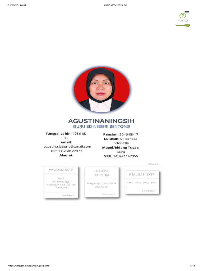 Data Guru Agustina Ningsih SD Sentong | PDF