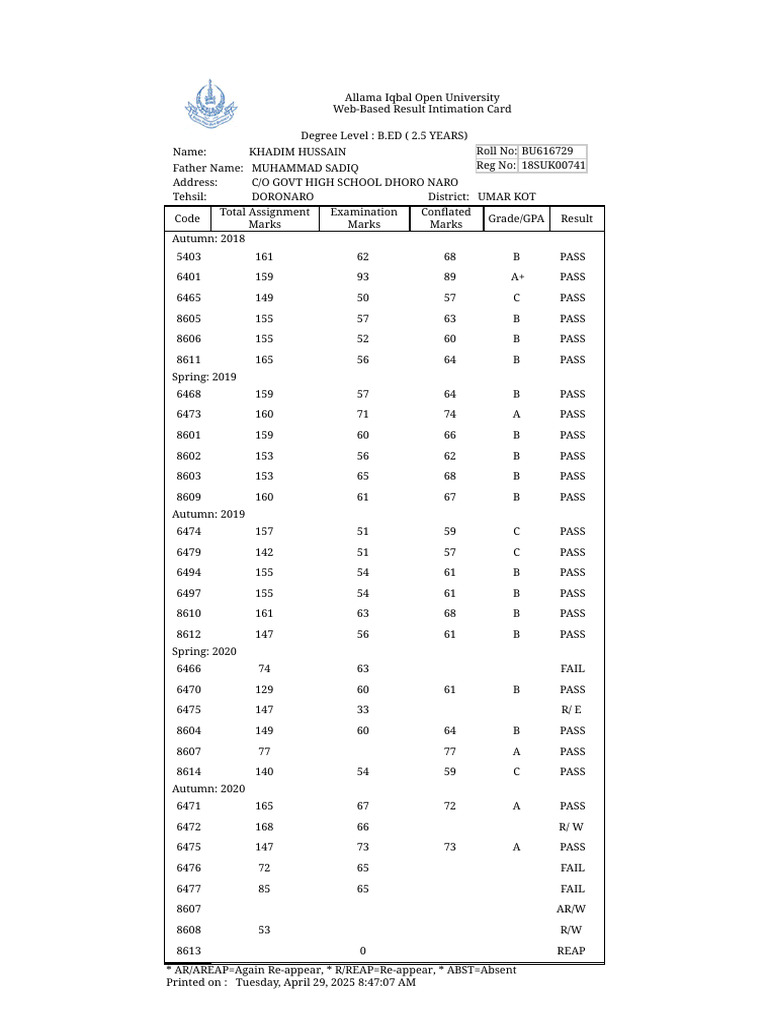 AIOU Online Web-Based Result | PDF