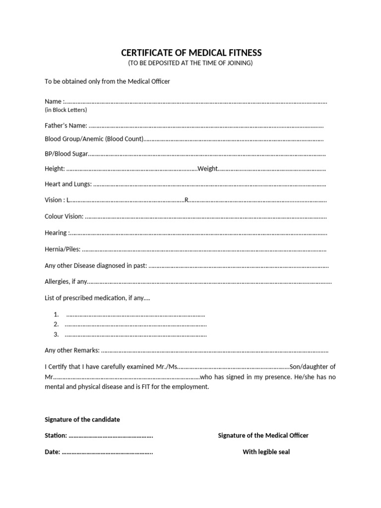 Certificate of Medical Fitness | PDF