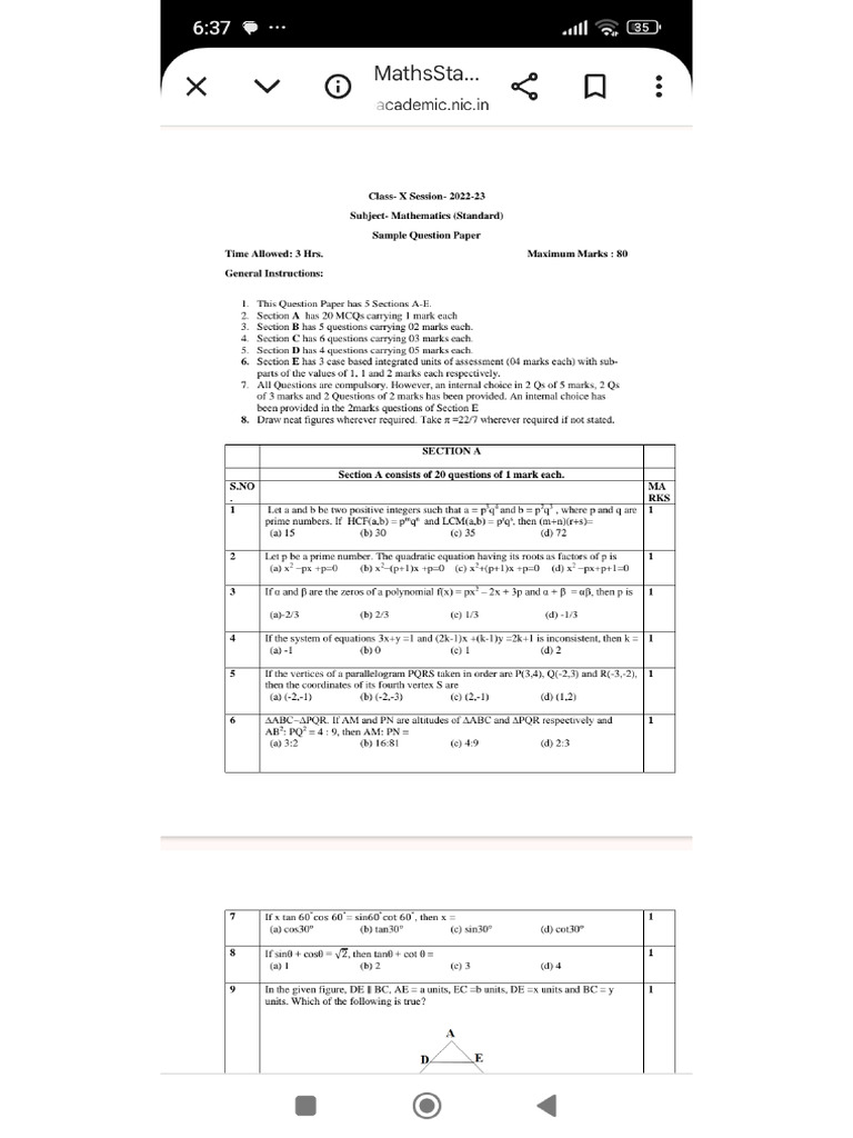 Maths Standard Question Paper (2022-23) | PDF