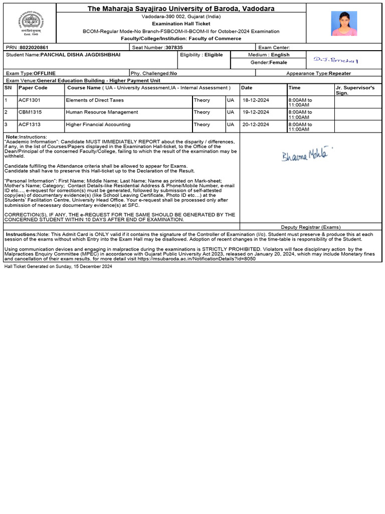 BCOM Exam Hall Ticket - Dec 2024 | PDF
